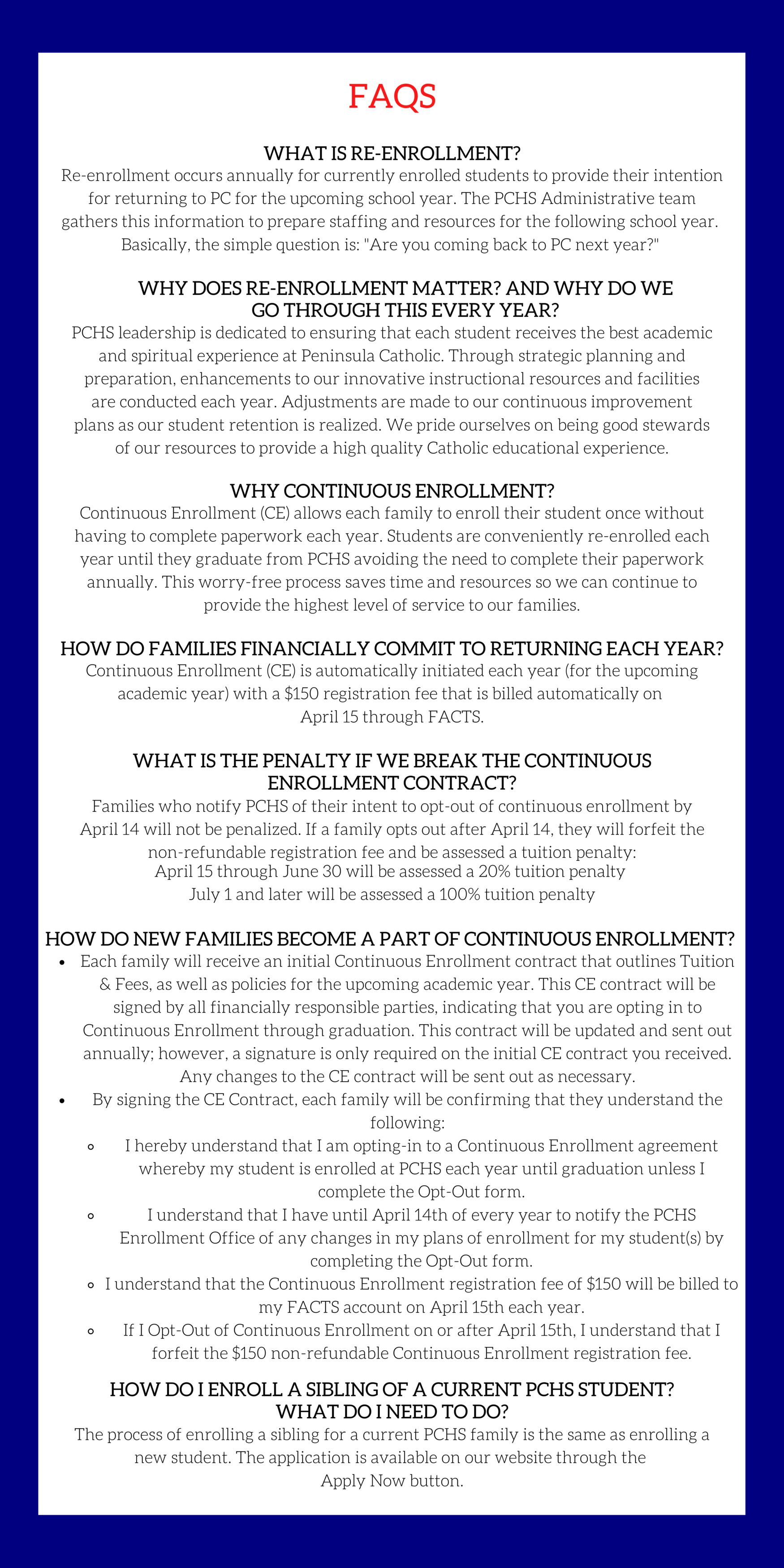 Continuous Enrollment - Peninsula Catholic High School